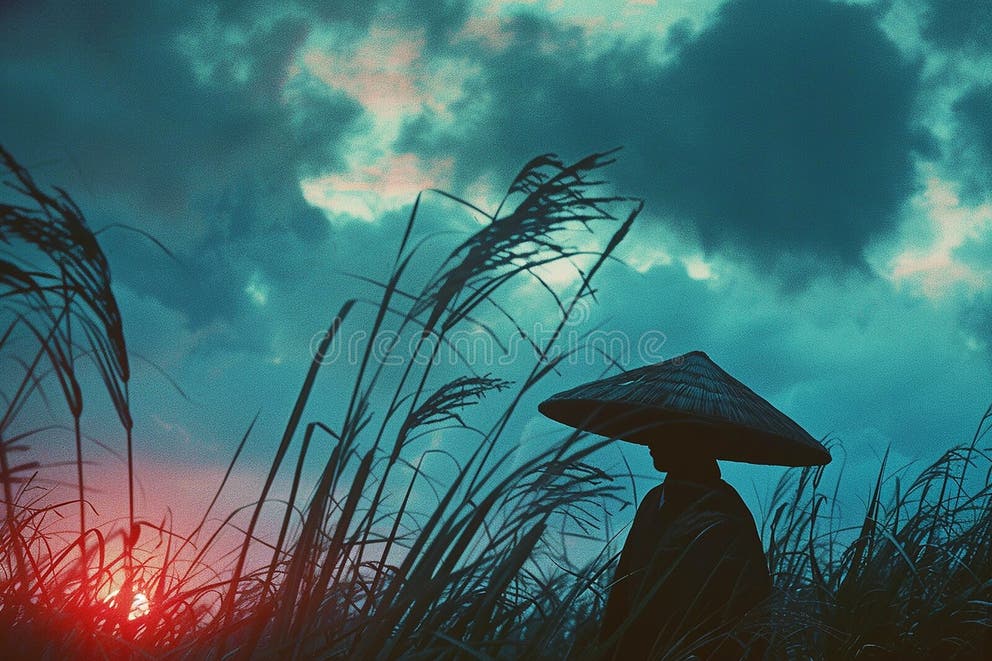 A SAMURAI WEARING a RICE PADDY HAT, at Sunset Stock Illustration ...