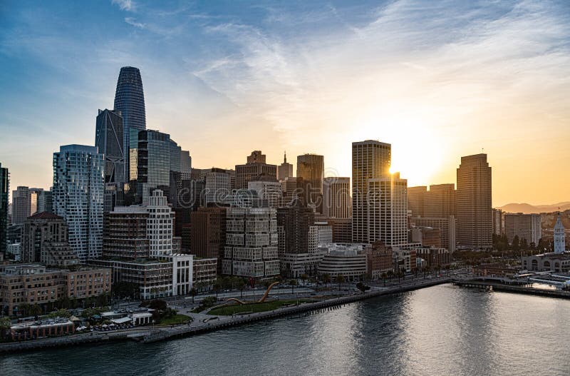 San Francisco Downtown at Sunset Stock Image - Image of bridge ...