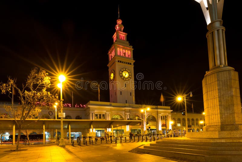San Francisco Ferry Building at Night Stock Image - Image of ...