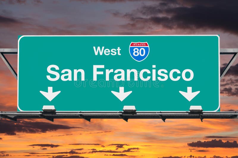 San Francisco Interstate 80 West Highway Sign with Sunrise Sky Stock ...