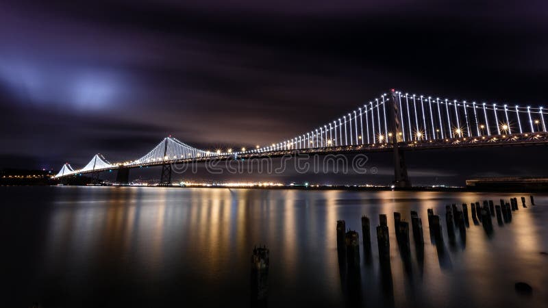 San Francisco-Oakland Bay Bridge at Night Stock Image - Image of ...
