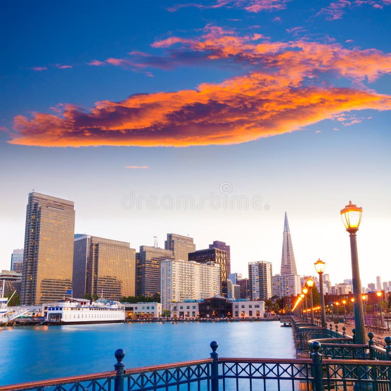 San Francisco Pier 7 Sunset in California Stock Photo - Image of ...