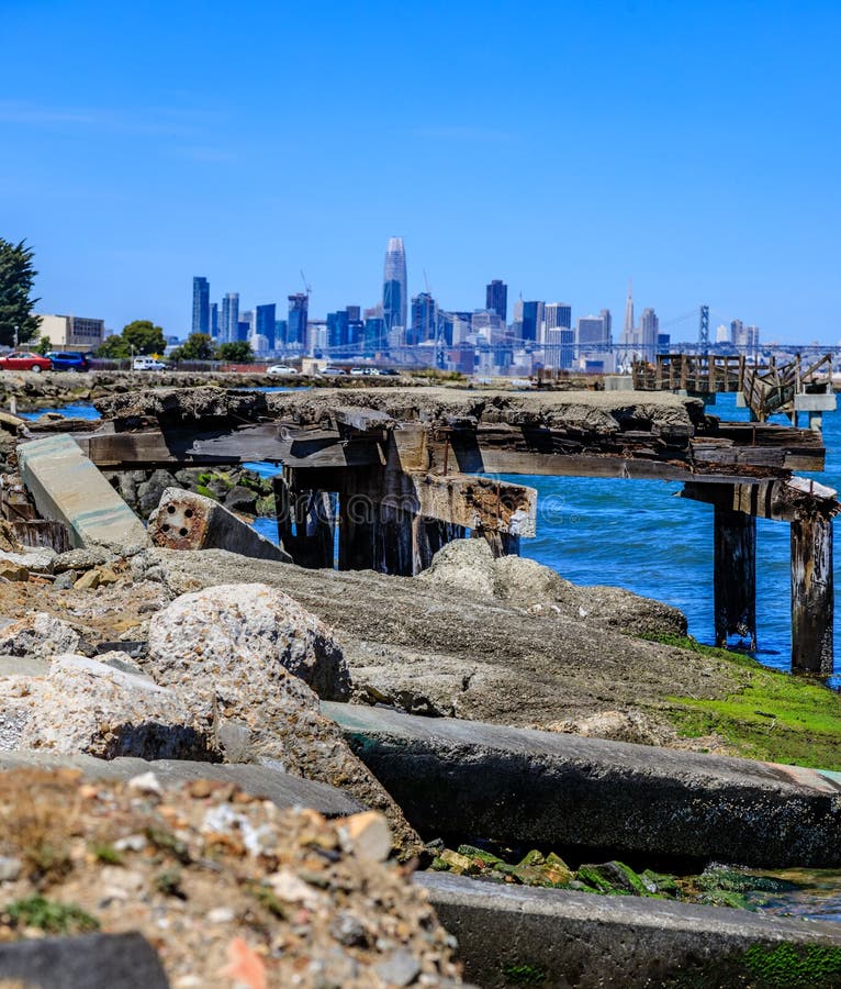 San Francisco Skyline with Broken Dock in the Foreground Stock Photo ...