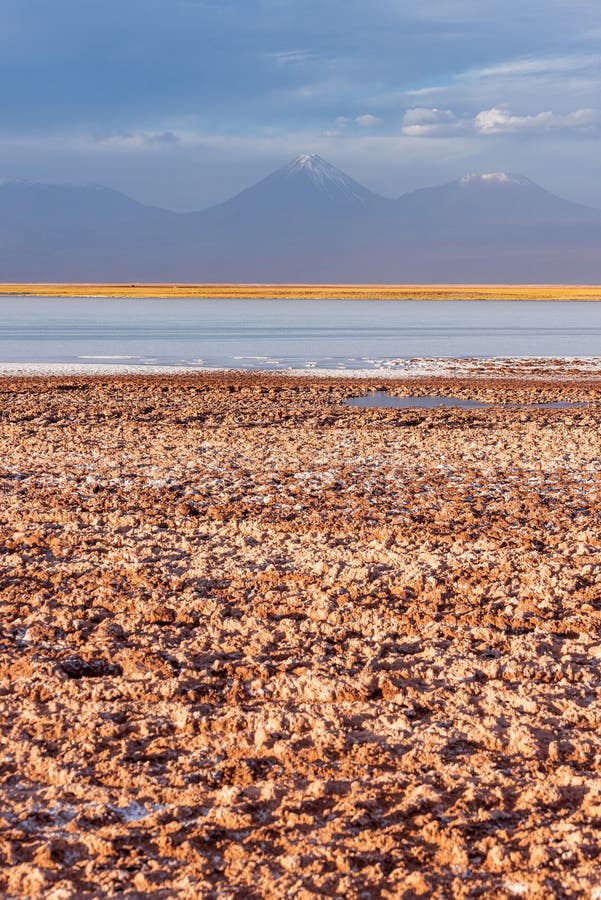 Snowy Volcanos Behind Tebinquiche Lagoon in Atacama Desert Stock Photo ...
