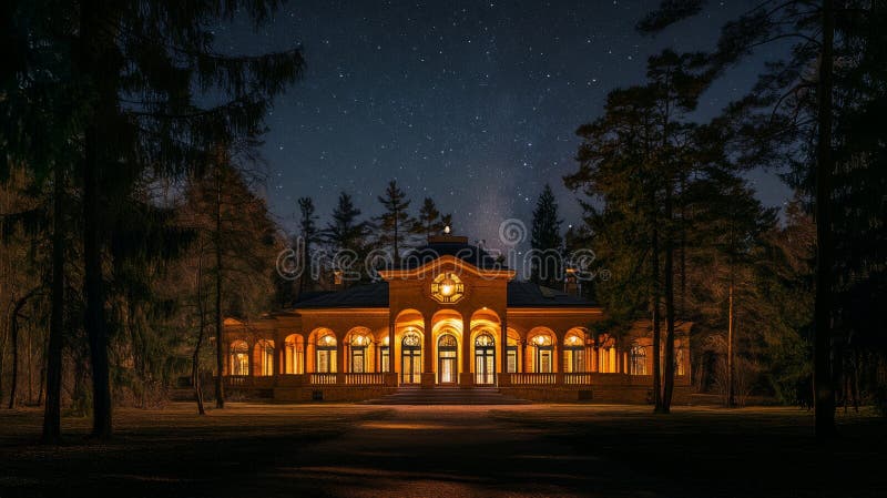 Sanatorium Building at Night with Lights on Stock Illustration ...