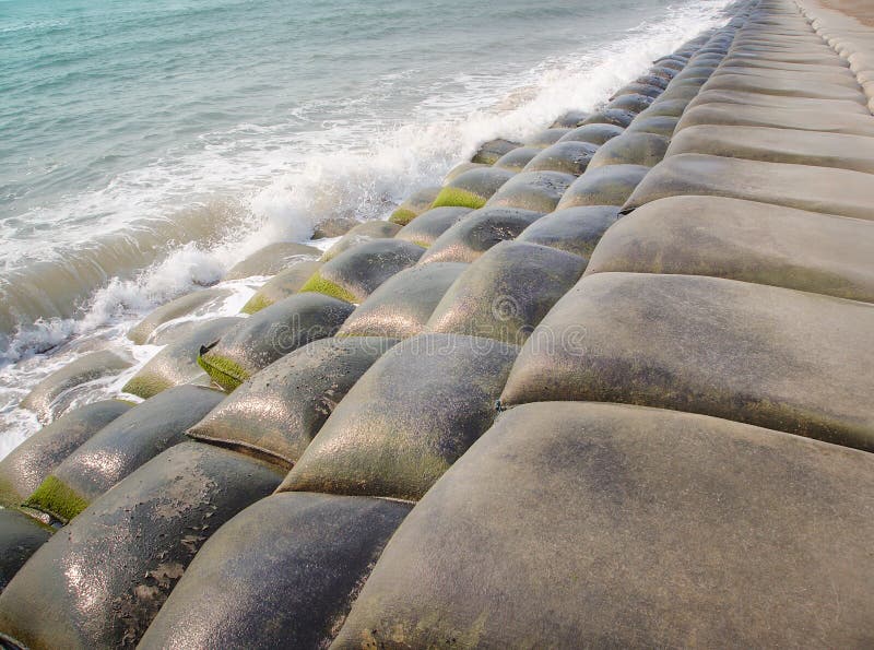 Sand Bags or Sandbagger Installed for Protect the Collapse of the Beach ...