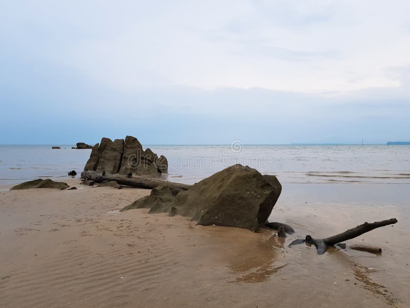 Sand Beach, with Rocks in Foreground. Stock Photo - Image of dream ...