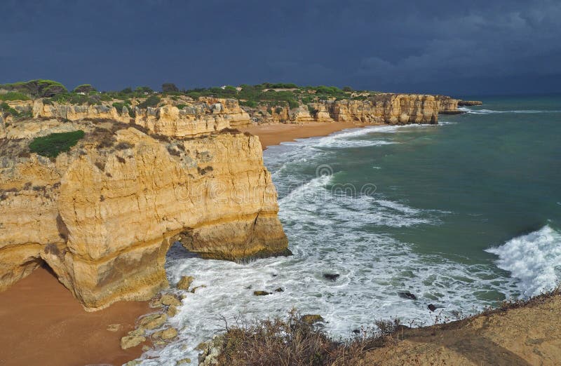 Sand Beach with Sandstone Cliffs and a Blue Ocean and Sky Stock Image ...