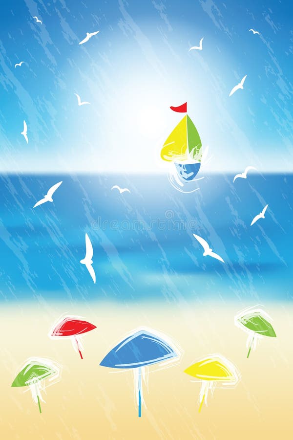 Sand Beach and Yacht in the Open Sea. Stock Vector - Illustration of ...