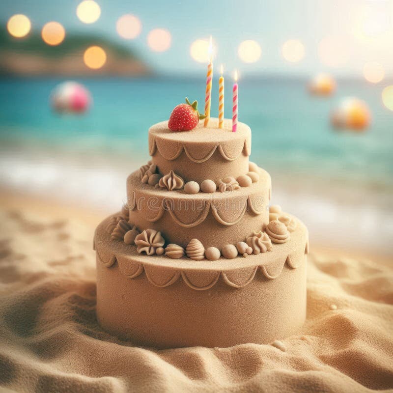 Sand Cake with Burning Candles on the Beach. Stock Photo - Image of ...