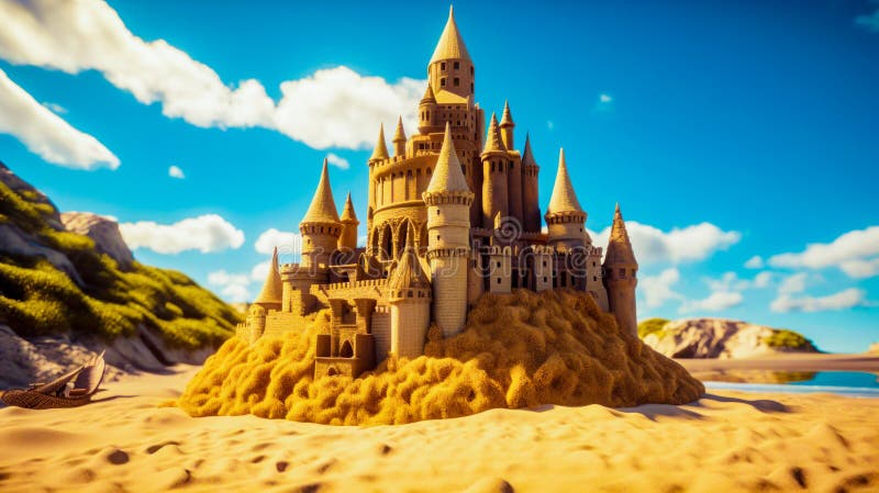 Sand Castle on Beach with Blue Sky and Clouds in the Background ...