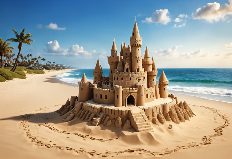 Sand Castle on Beach. Generative AI Stock Illustration - Illustration ...