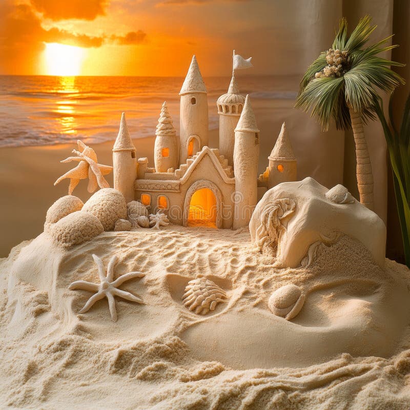 Sand Castle on the Beach at Sunset. Collage Stock Illustration ...