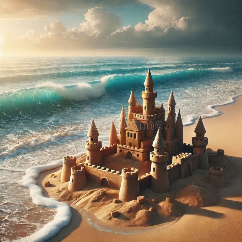 Sand Castle on the Beach Under the Wave. Stock Image - Image of ...