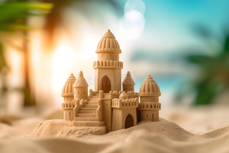 Sand Castle with a Blurred Background of the Beach and Palm Trees ...