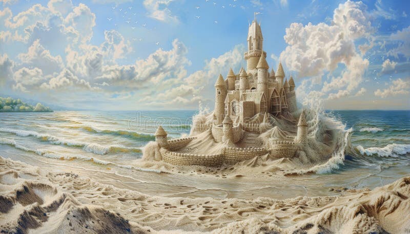 A Sand Castle is Built on a Beach Near the Ocean by AI Generated Image ...