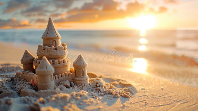 A Sand Castle is Built on the Beach with the Sun Shining on it Stock ...