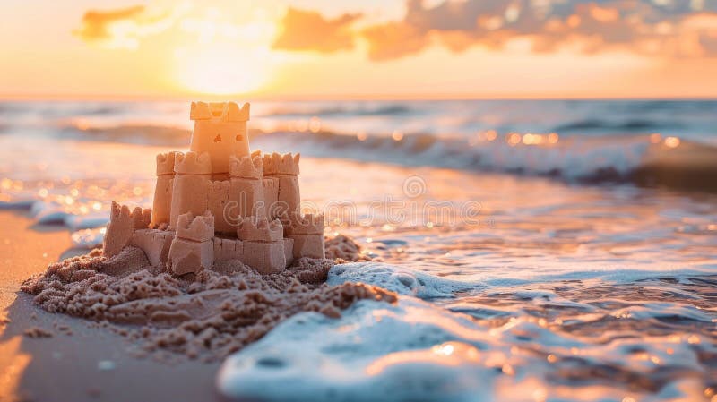 A Sand Castle is Built on the Beach with the Sun Shining on it Stock ...
