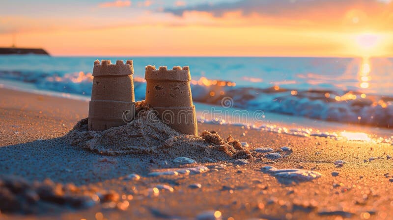 A Sand Castle is Built on the Beach with the Sun Shining on it Stock ...