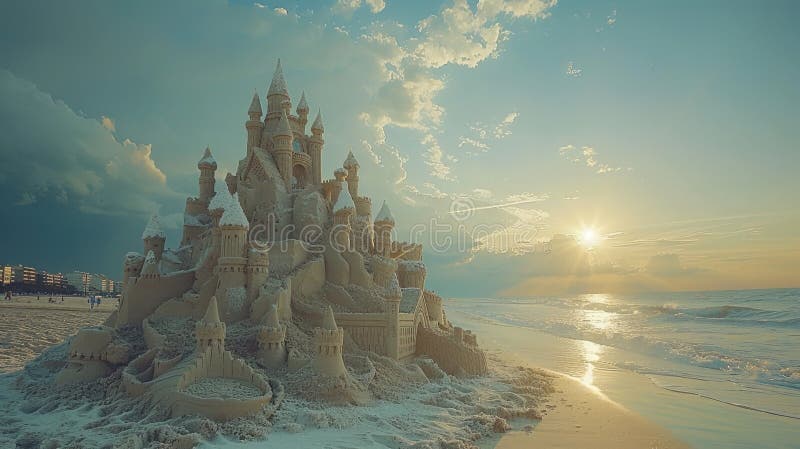 A Sand Castle is Built on the Beach with the Sun Shining on it Stock ...
