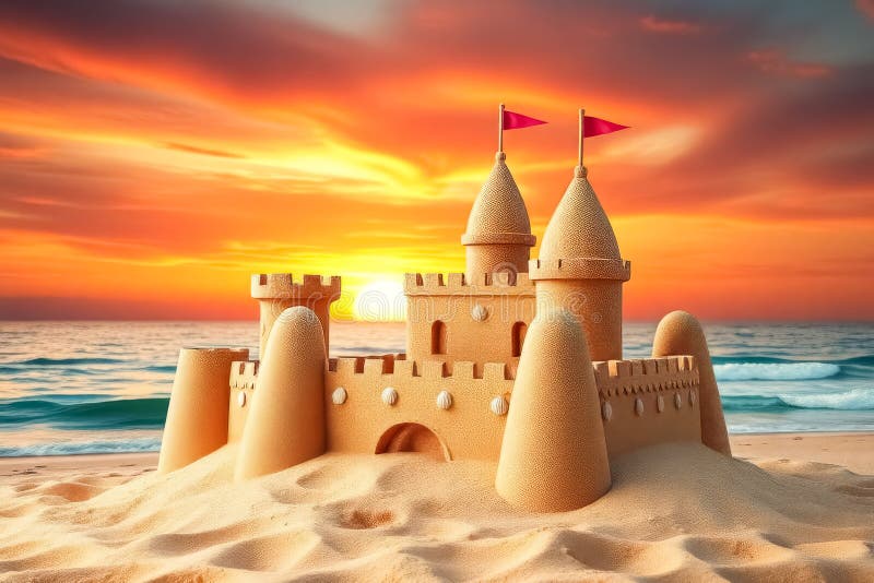 Sand Castle is Built on the Beach Stock Image - Image of flag, tower ...