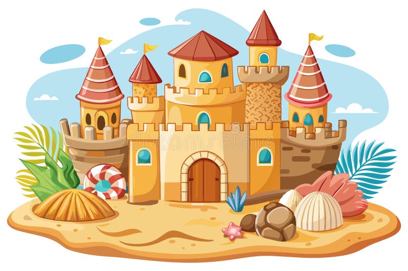 Sand Castle Cartoon Drawing. Composition with Beautiful Sandy Tower, on ...