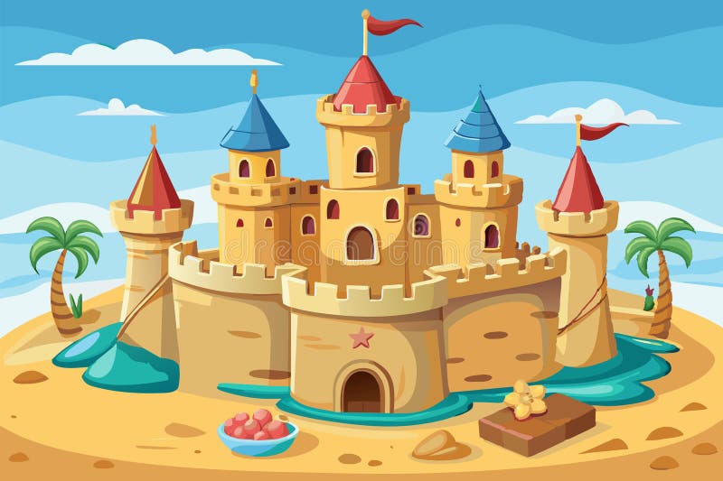 Sand Castle Cartoon Drawing. Composition with Beautiful Sandy Tower, on ...