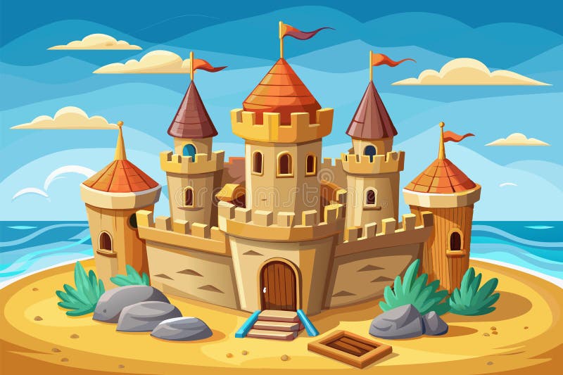 Sand Castle Cartoon Drawing. Composition with Beautiful Sandy Tower, on ...