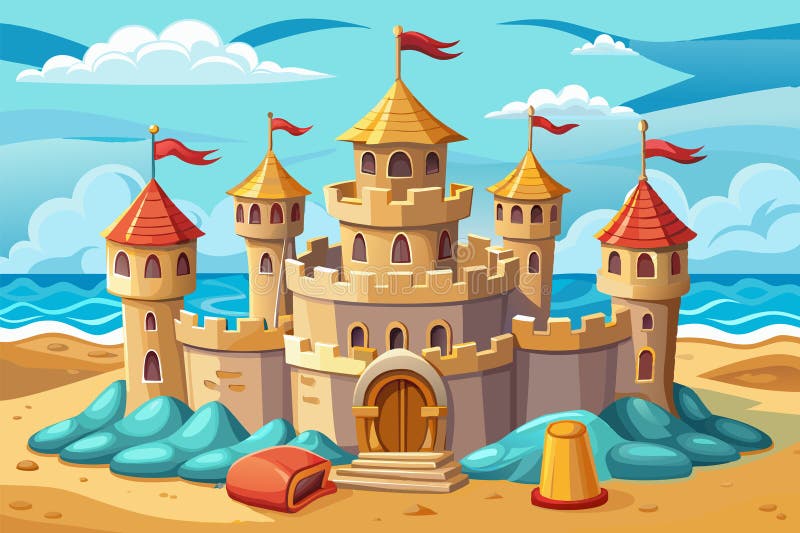 Sand Castle Cartoon Drawing. Composition with Beautiful Sandy Tower, on ...