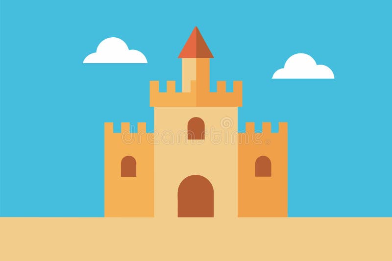 Sand Castle Cartoon Drawing in Flat Style. Composition with Beautiful ...