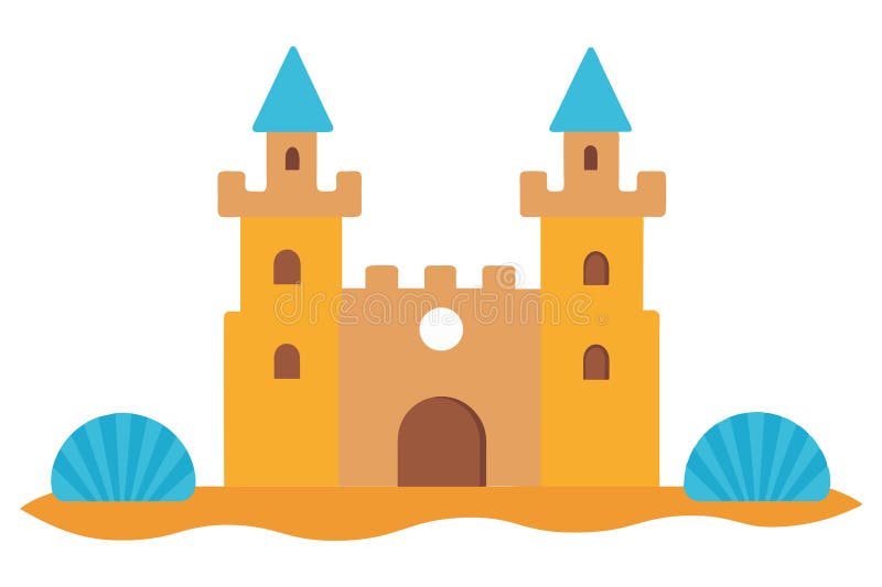Sand Castle Cartoon Drawing in Flat Style. Composition with Beautiful ...