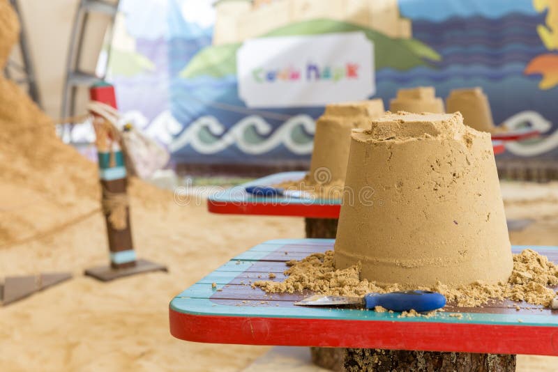 Sand Castle Made by Kids on a Craft Lesson on Beach Stock Photo - Image ...