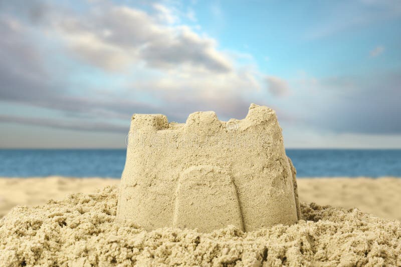 Sand Castle on Ocean Beach, Closeup. Outdoor Play Stock Photo - Image ...