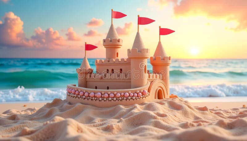 Sand Castle with a Pink Flag on Top Stock Image - Image of childhood ...