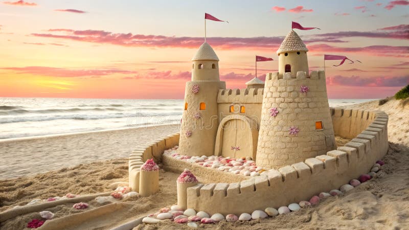 Sand Castle with Pink Flags on Top Stock Image - Image of travel ...