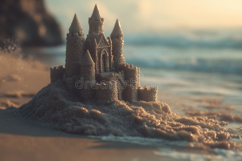 A Sand Castle Sits Atop a Sandy Beach Stock Photo - Image of beach ...