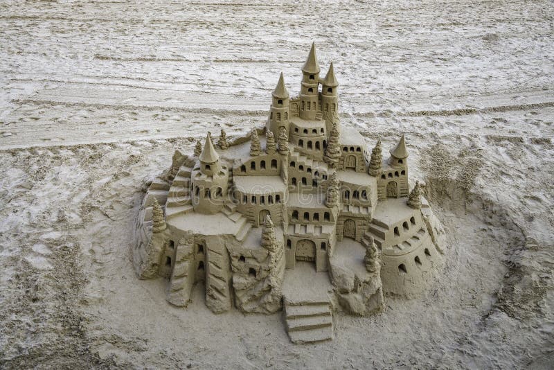 Sand Castle with Towers on the Beach in Summertime Stock Image - Image ...