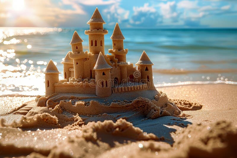 Sand Castle with Towers on the Shore of the Sandy Beach Blue Sea ...