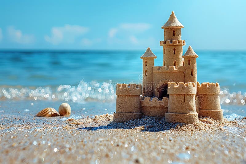 Sand Castle with Towers on the Shore of the Sandy Beach Blue Sea ...