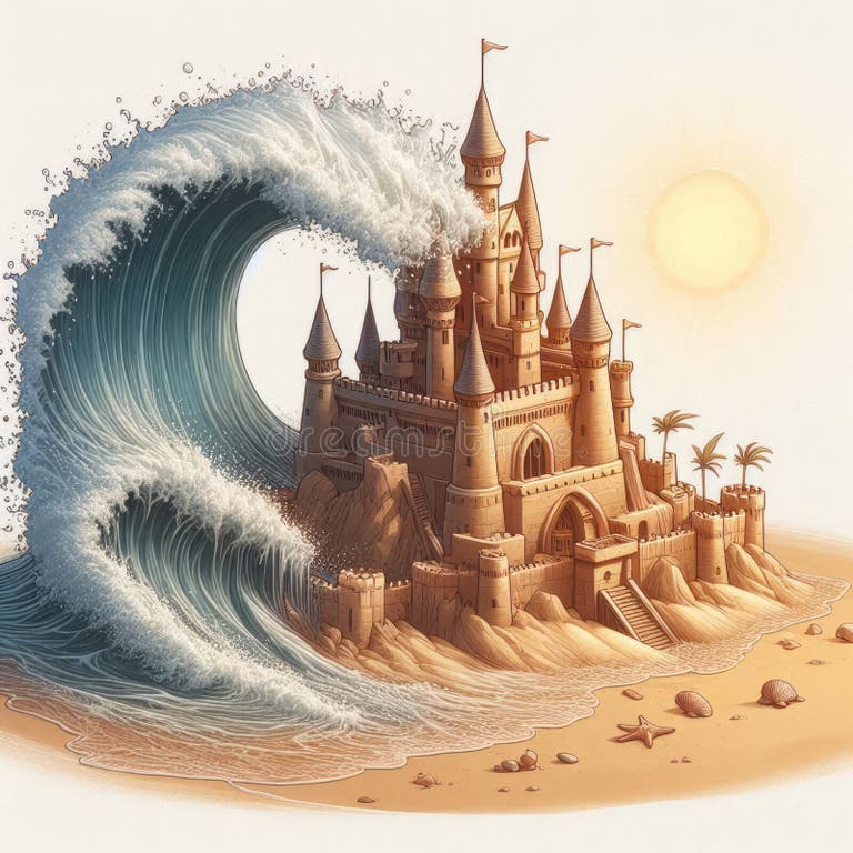 A Sand Castle, Washed Away by a Huge Wave, Under the Sun. Stock Image ...