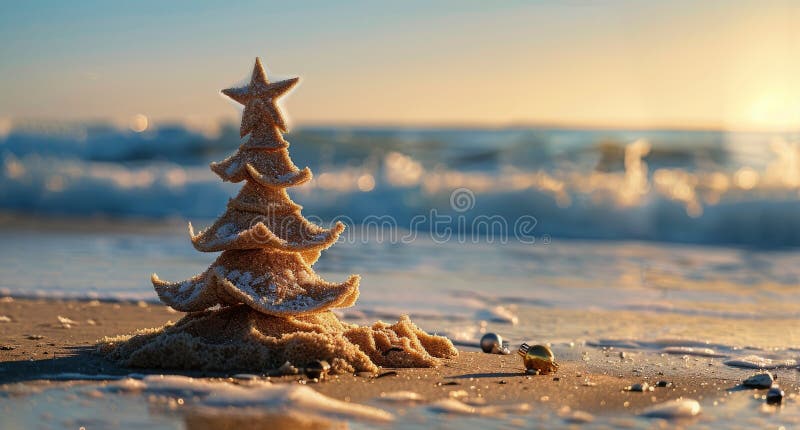Sand Christmas Tree on Beach Stock Image - Image of shore, waves: 327431823
