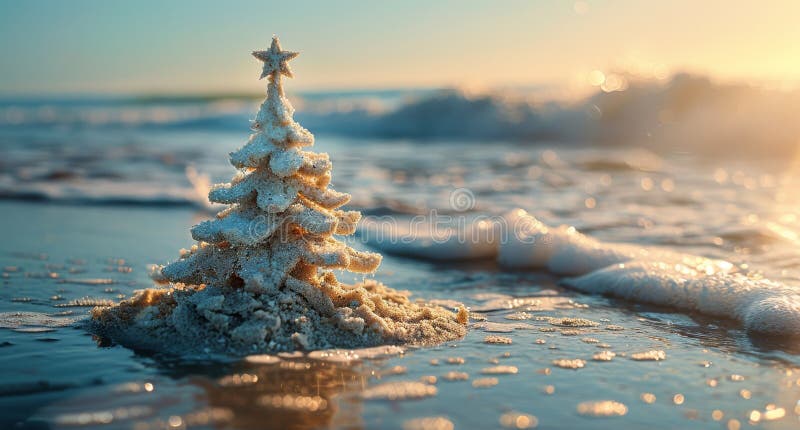 Sand Christmas Tree on Beach Stock Image - Image of ornament, holiday ...