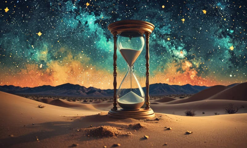 Sand Clock in the Desert with Starry Sky Stock Illustration ...