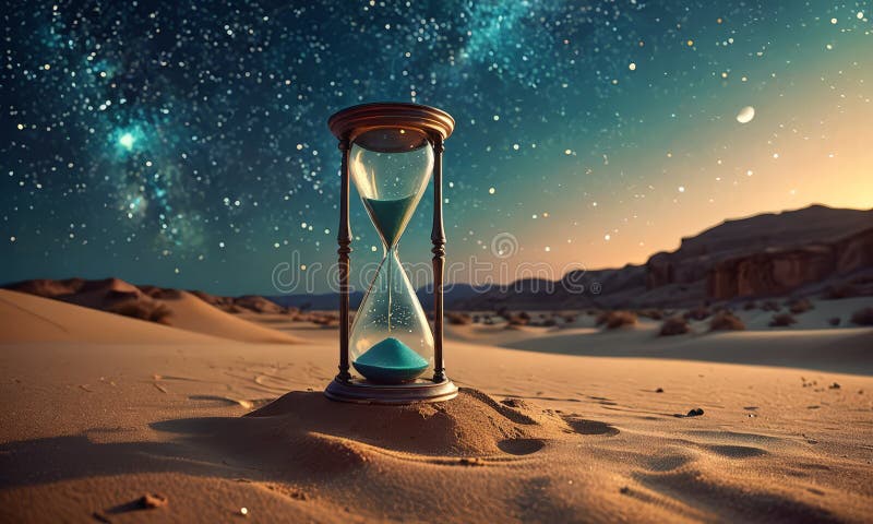 Sand Clock in the Desert with Starry Sky Stock Illustration ...
