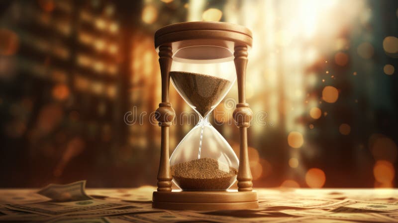 Sand Clock with Flying Money on Background. Time is Money Concept Stock ...