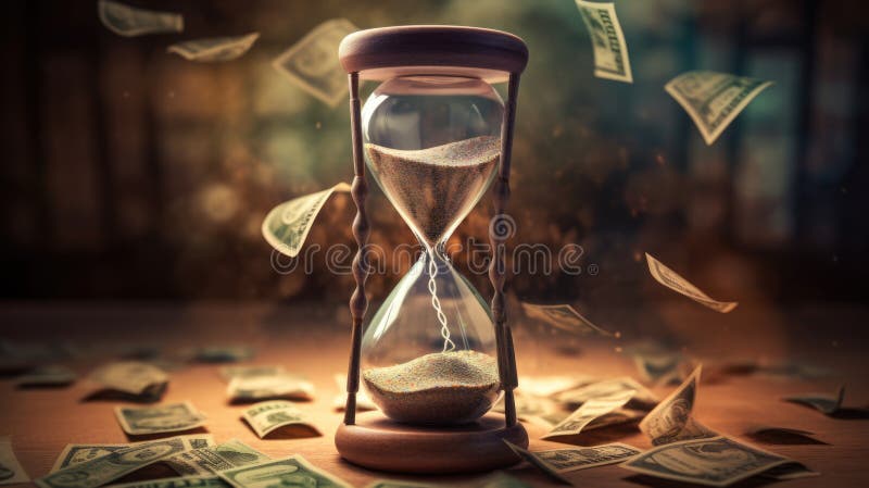 Sand Clock with Flying Money on Background. Time is Money Concept Stock ...