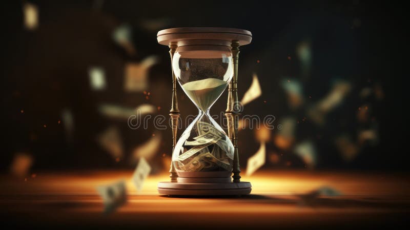 Sand Clock with Flying Money on Background. Time is Money Concept Stock ...