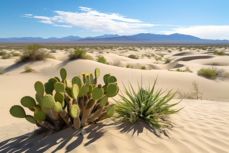 Sand Dunes and Cacti in the Desert, with Oasis View in the Distance ...