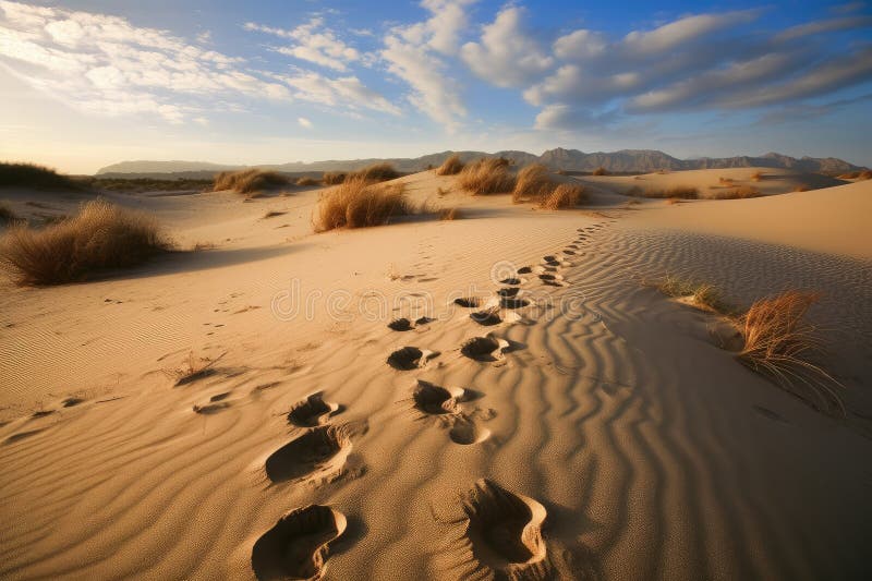 Sand Dunes with Footprints in the Foreground, Creating a Surreal Scene ...