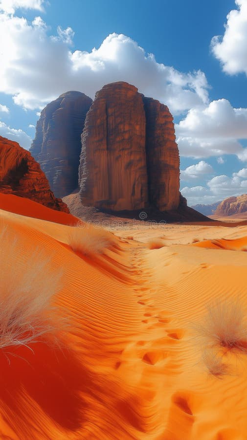 Sand Dunes with Rock Formations Under a Bright Blue Cloudy Sky View ...